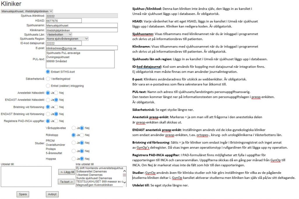 Klinikinställningar – GynOp Manual