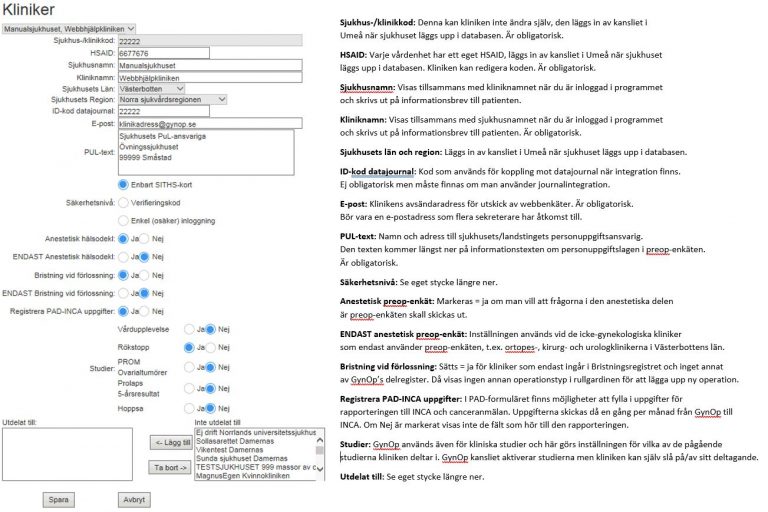 Klinikinställningar – GynOp Manual